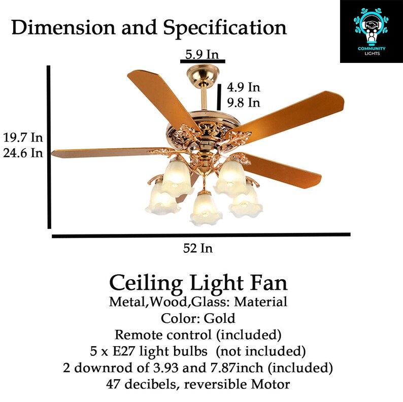 52-inch Remote-controlled Chandelier Ceiling Fan With 5 Blades and LED ...