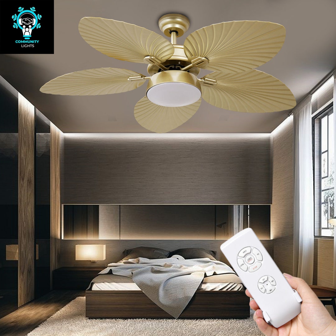 Tropical Elegance: 52' Ceiling Fan Light With Palm Leaf Blades in Gold Finish - Etsy