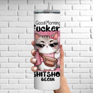 Good Morning Sublimation Coffee Mug PNG, Cranky Cat, Cat Giving Middle ...