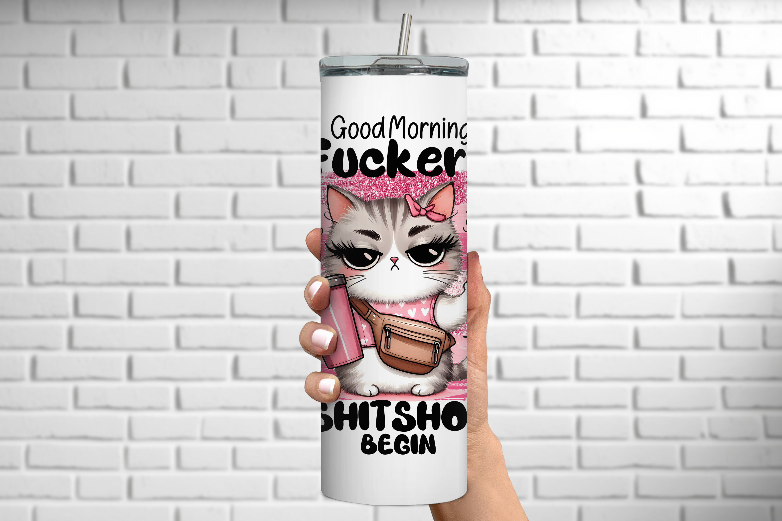 Good Morning Sublimation Coffee Mug PNG, Cranky Cat, Cat Giving Middle ...