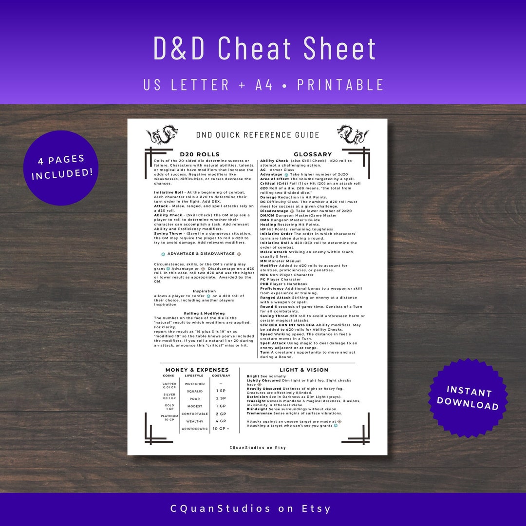 DND Cheat Sheet, DM Cheat Sheet, Dnd Player Guide, 5e, Quick Reference ...