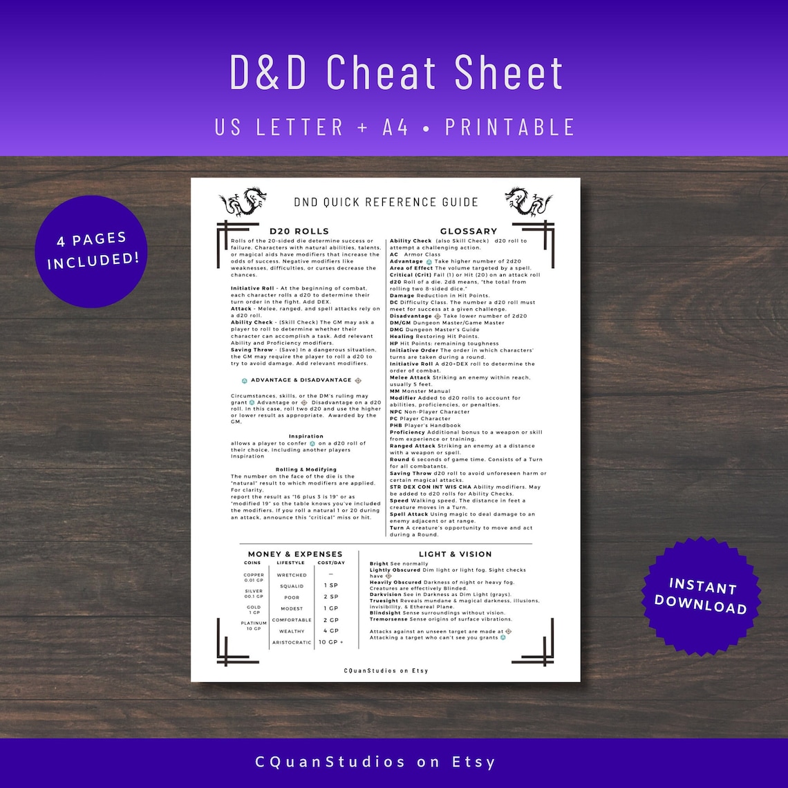 DND Cheat Sheet, DM Cheat Sheet, Dnd Player Guide, 5e, Quick Reference Guide, D&D Dungeon Master ...