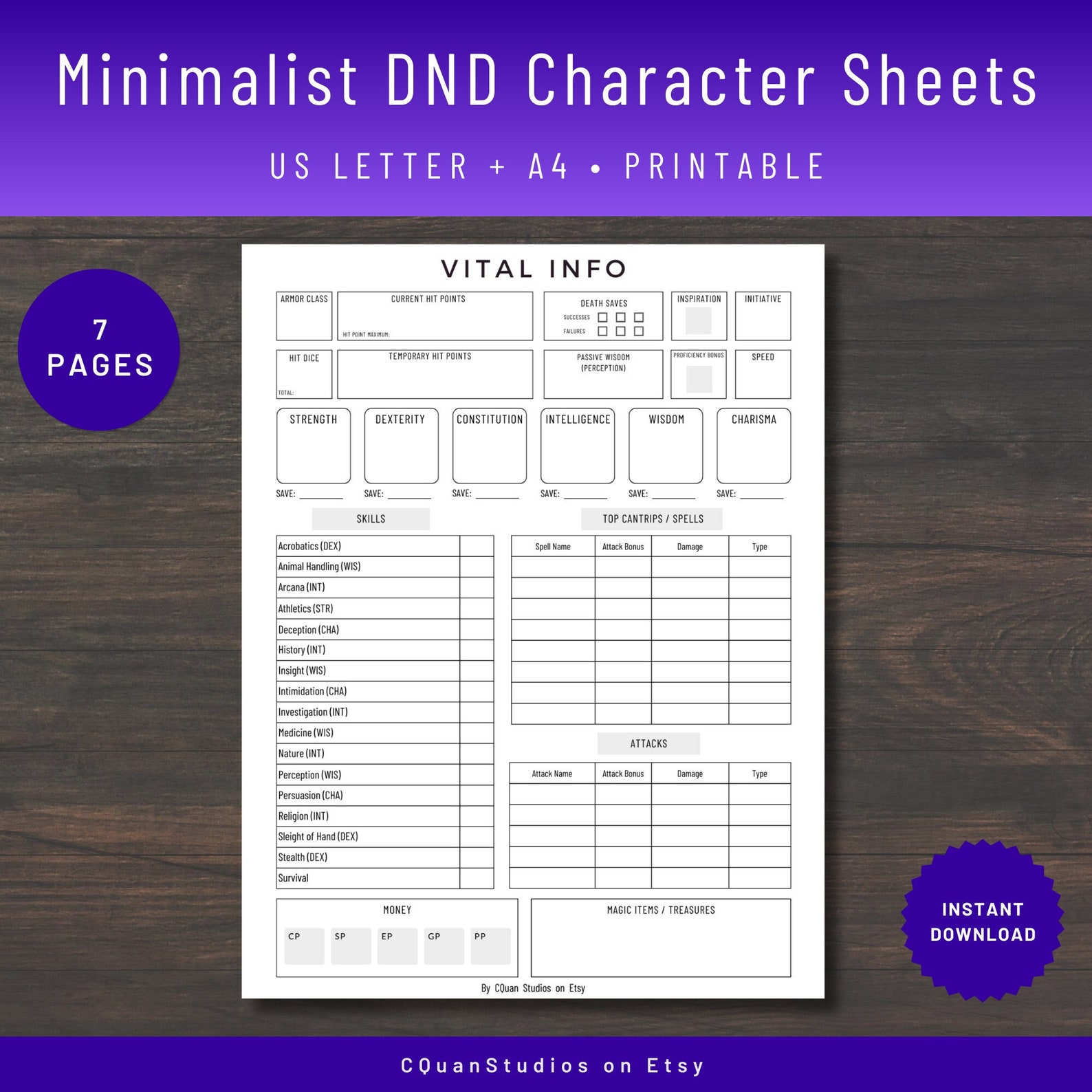 Dnd Character Sheet: Printable Player Journal (A4, US Letter) - Etsy
