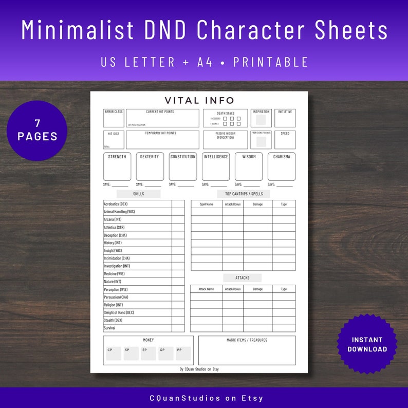 Dnd Character Sheet: Printable Player Journal (A4, US Letter) - Etsy