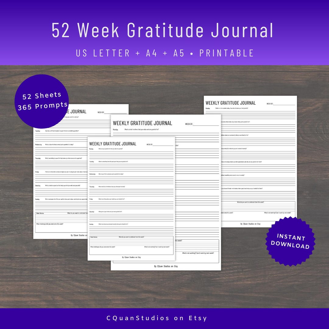 52 Week Gratitude Journal, 365 Days, Daily Prompt, Weekly Gratitude ...