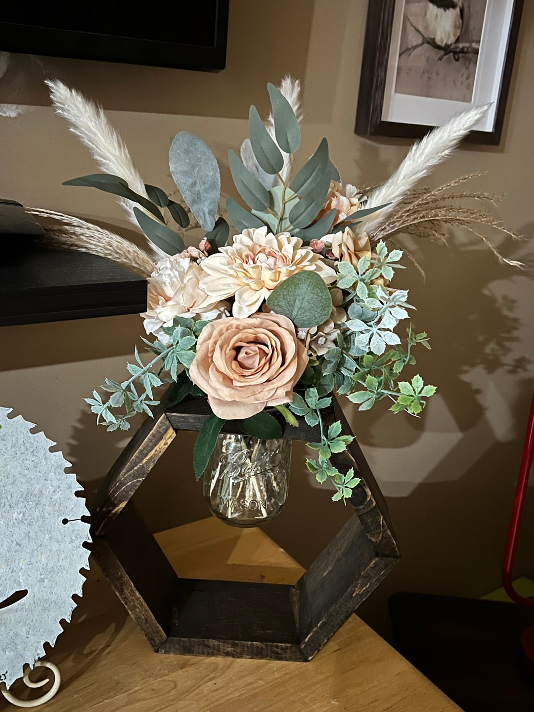 Rustic Wooden Hexagon Centerpiece With Mason Jar - Etsy