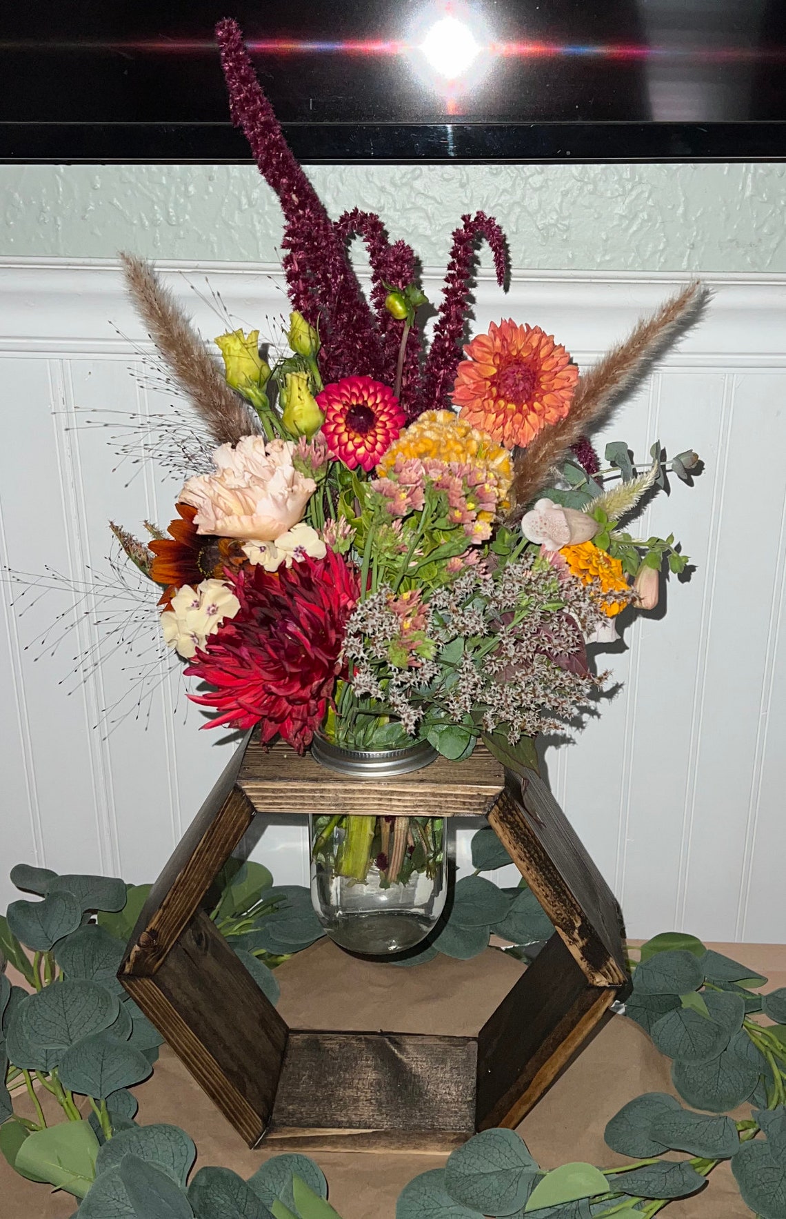 Rustic Wooden Hexagon Centerpiece With Mason Jar - Etsy