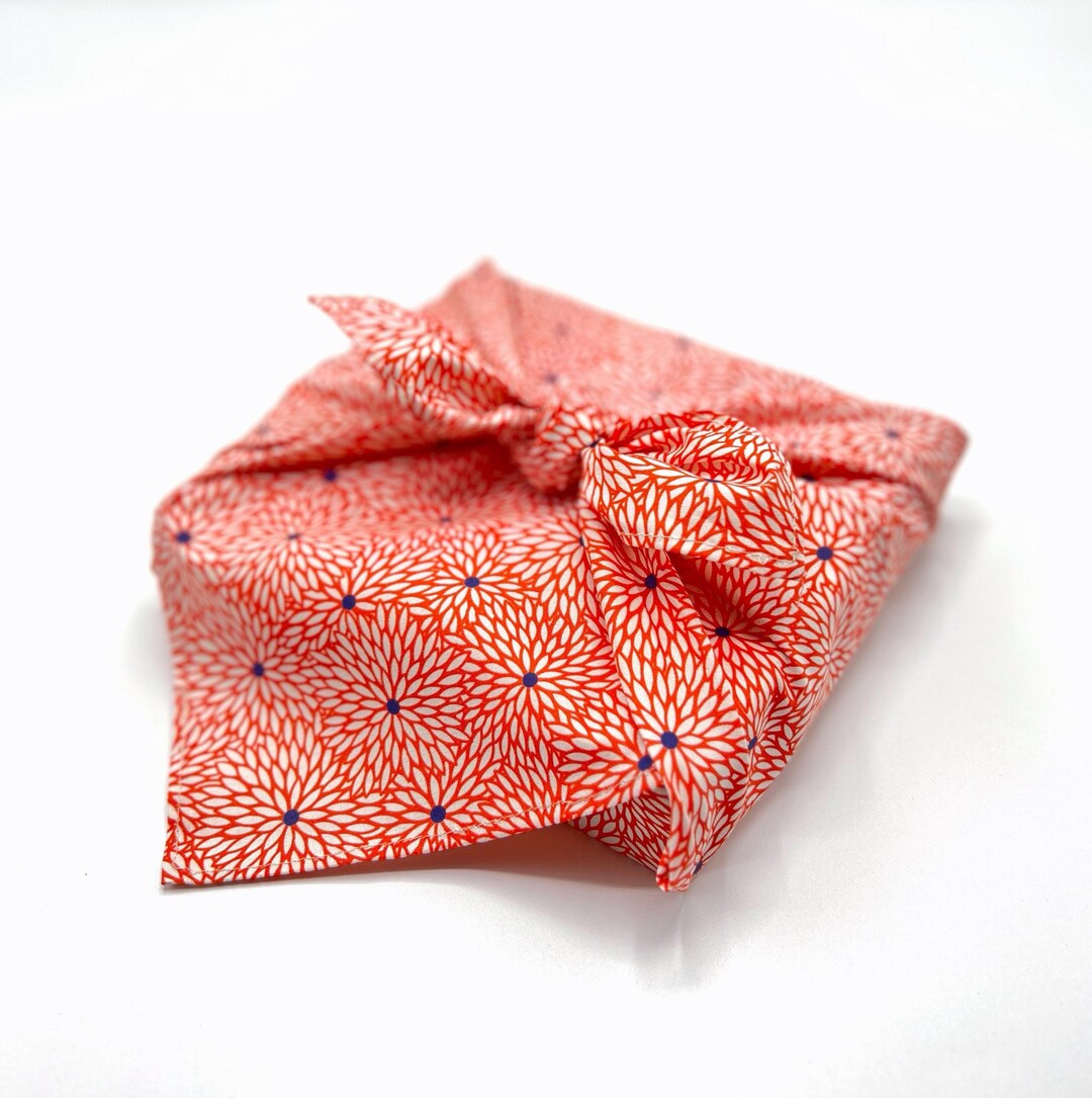 Orange Floral Furoshiki Fabric Wrap - Reusable Gift Wrapping - Japanese ...