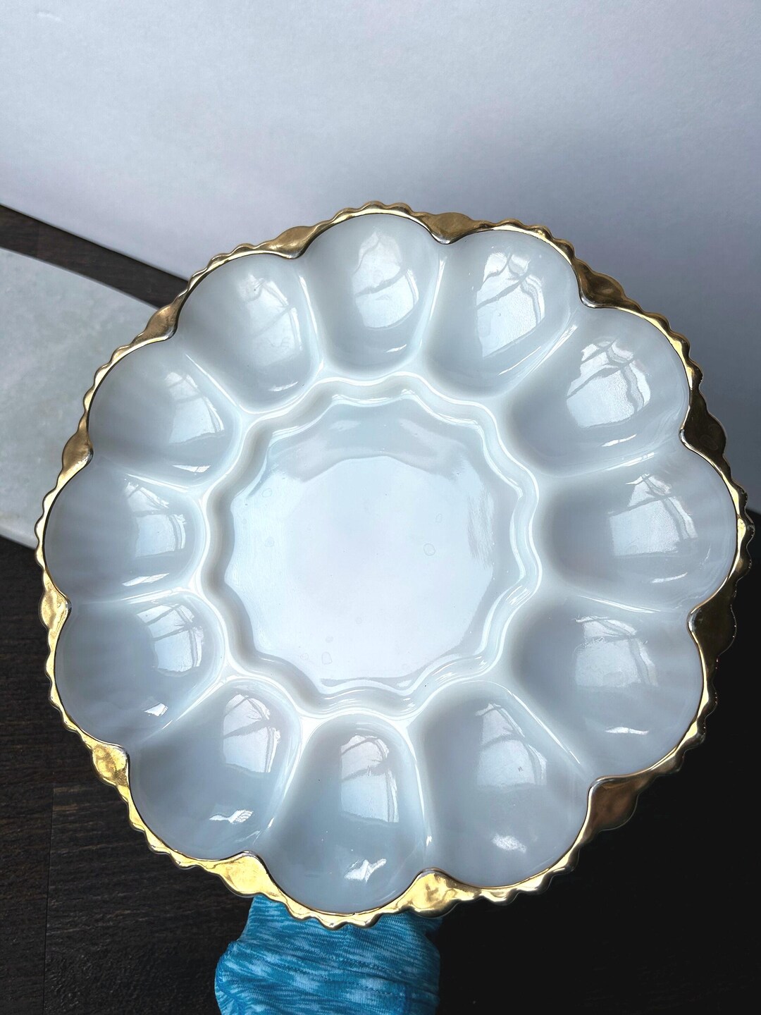 Vintage Anchor Hocking Milk Glass & Gold Deviled Eggs Serving Platter ...