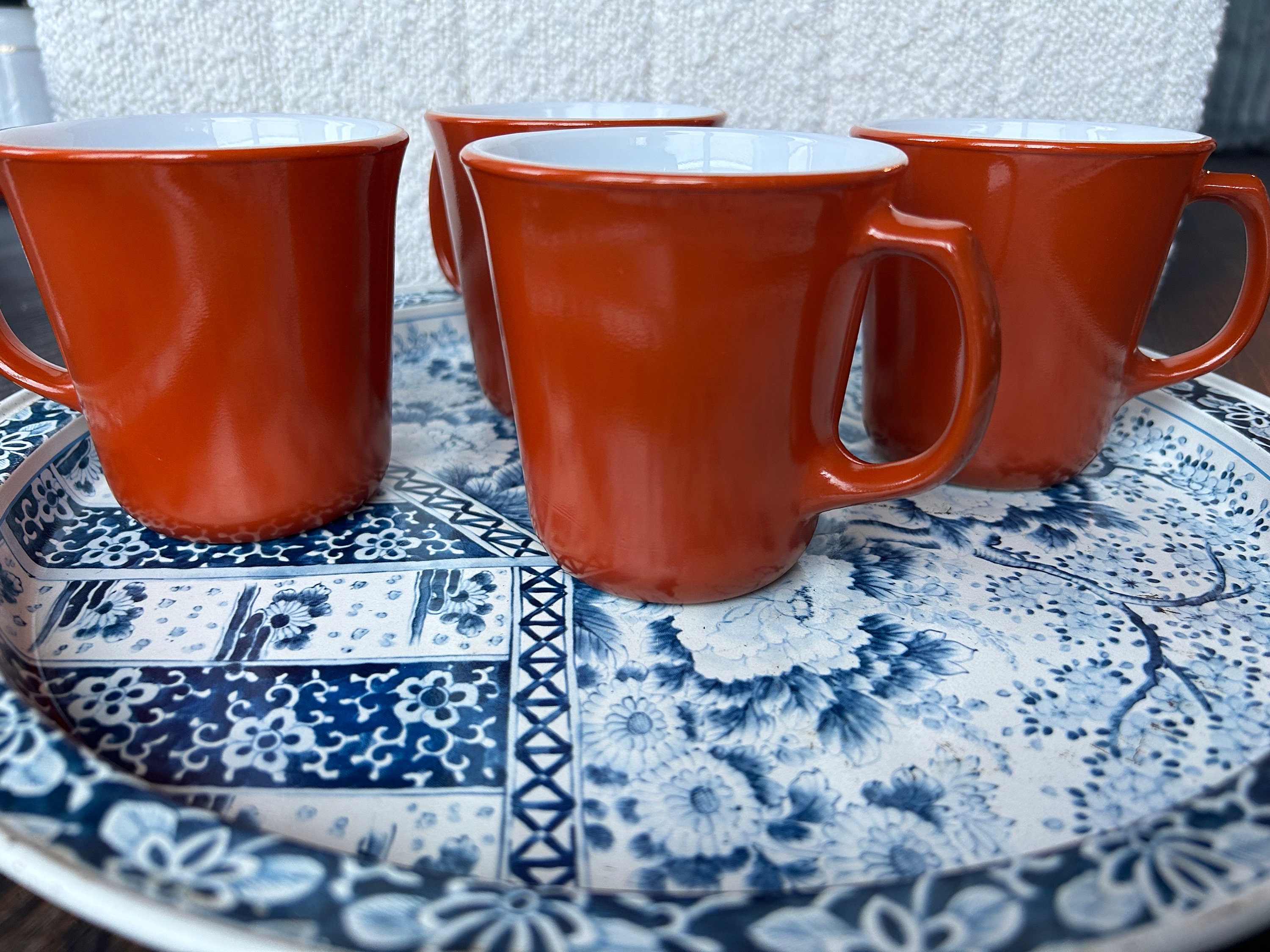 Vintage Corning Burnt Orange Pyrex Milk Glass Mugs Set of 4 Coffee Cups ...