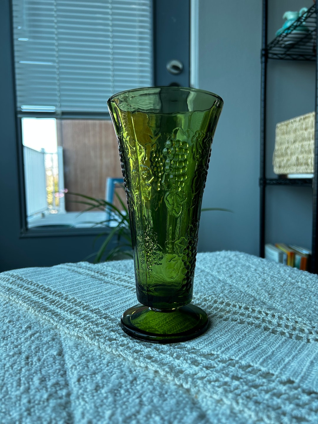Vintage Green Footed Glass Vase With Grapevines - Etsy