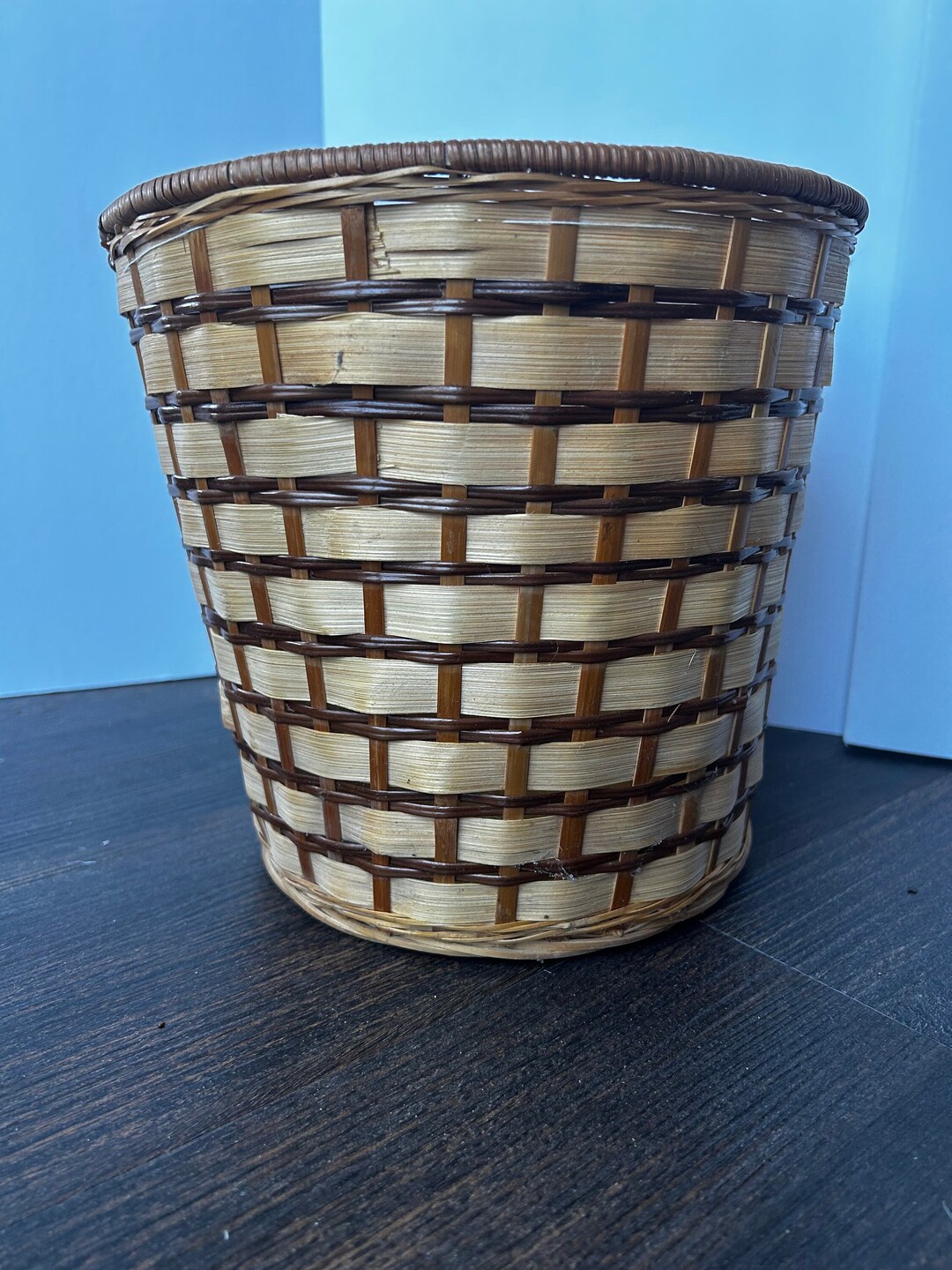 Vintage MCM Large Round Wicker & Wood Woven Planter Basket Waste Bin ...