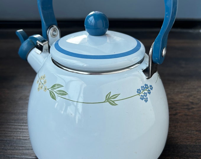 Vintage Corelle Metal Enamel Secret Garden Whistling Tea Kettle Blue ...