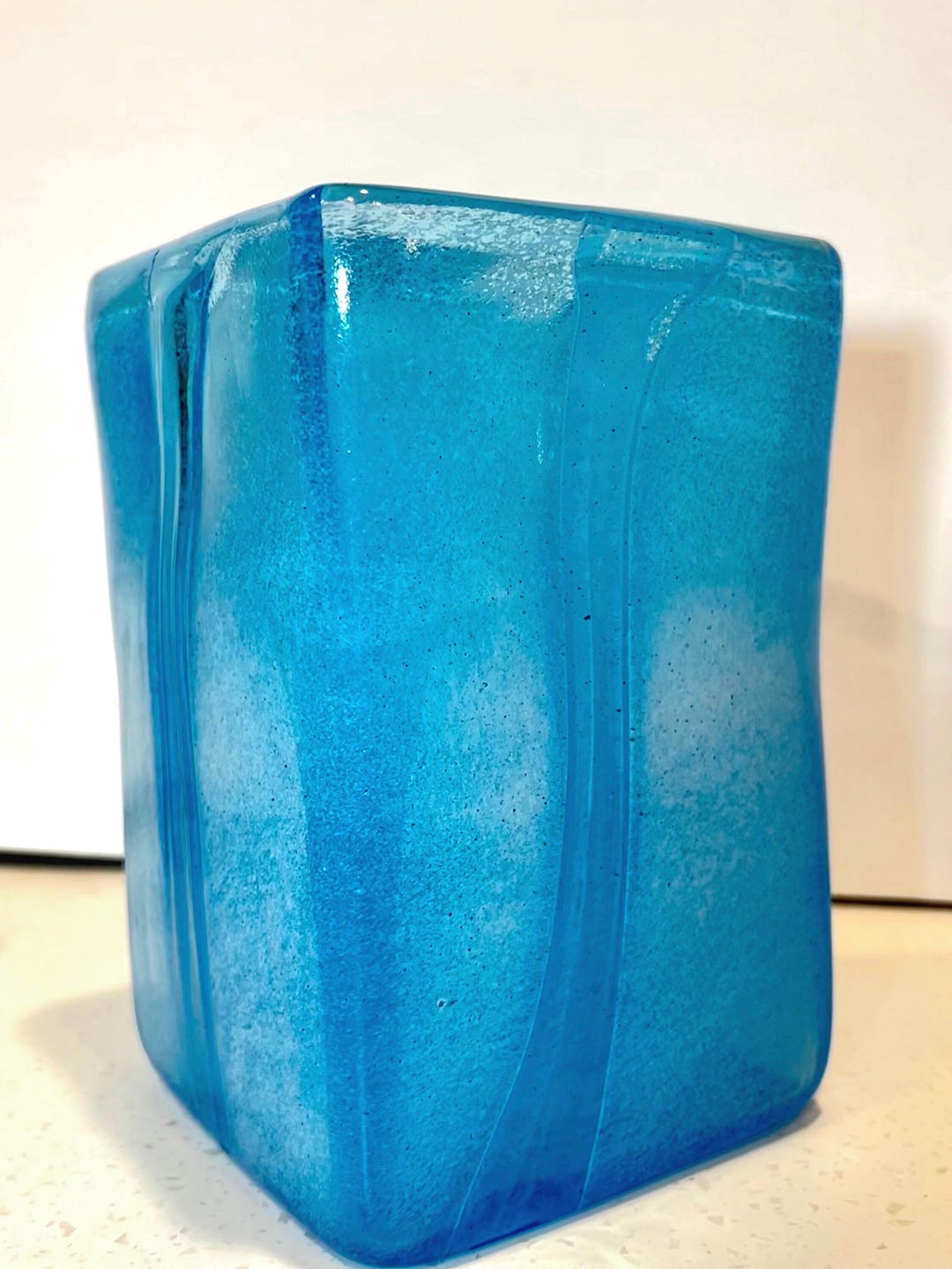 Vintage Heavy Aqua Blue & White Square Glass Vase 7” Tall Hand Blown - Etsy