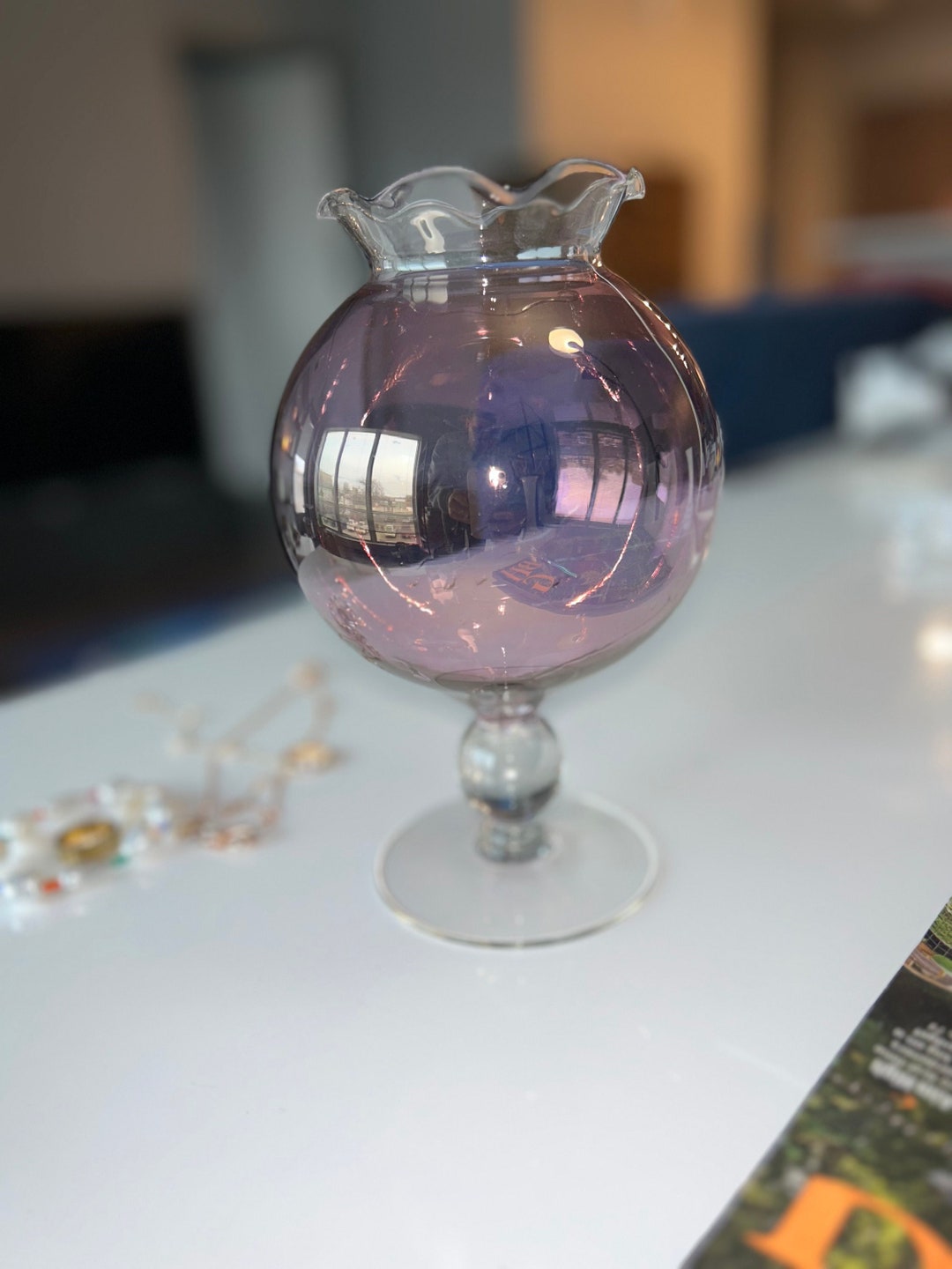 Vintage Iridescent Lavender Round Glass Footed Vase - Etsy