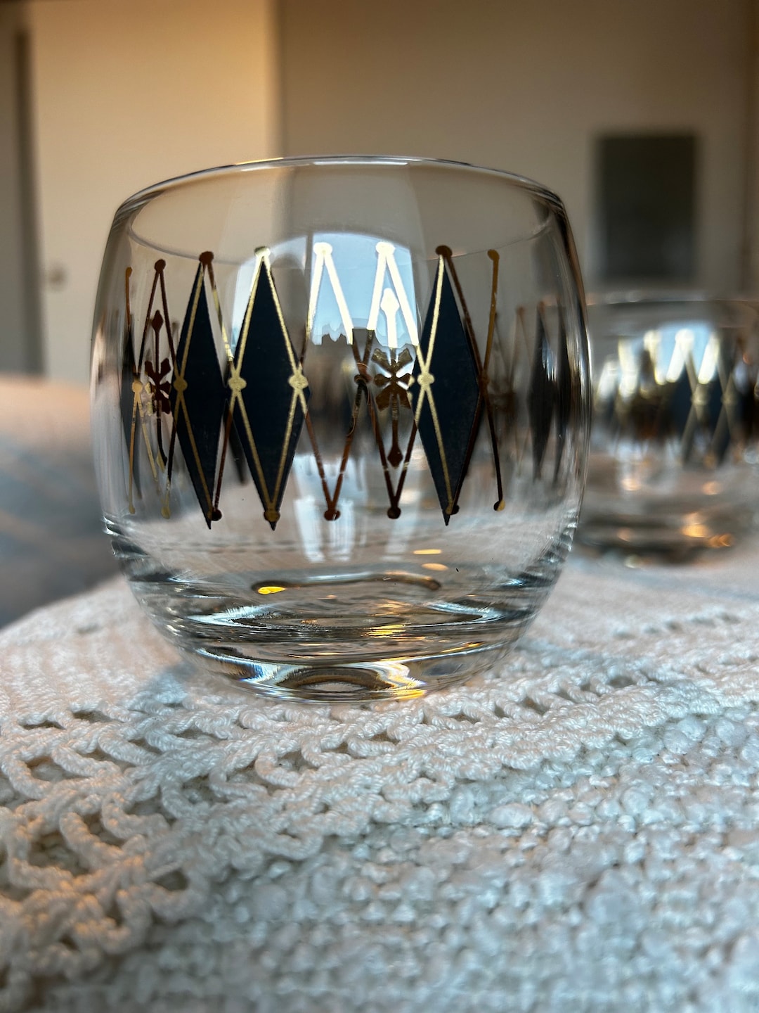Set of 3 Federal Glass MCM Roly Poly Gold & Black Harlequin Vintage ...