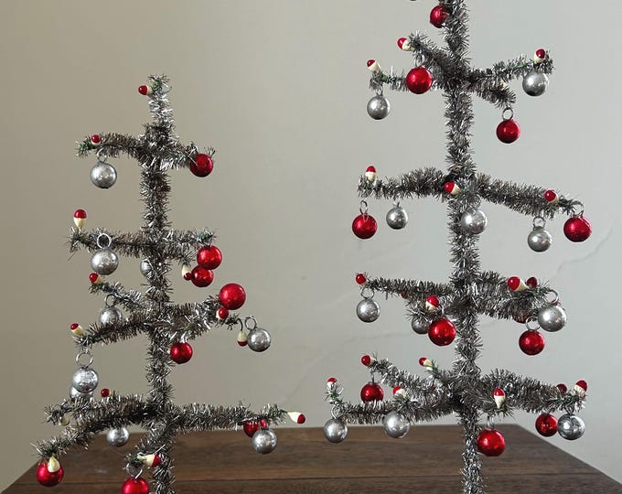 Vintage Silver Tinsel Tabletop Tree With Red Ornaments Set of 2 - Etsy