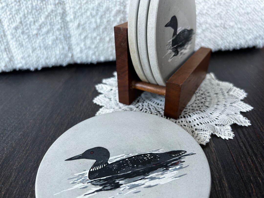 Set of Mid Century Vintage Stoneware Coasters With Wooden Holder and ...