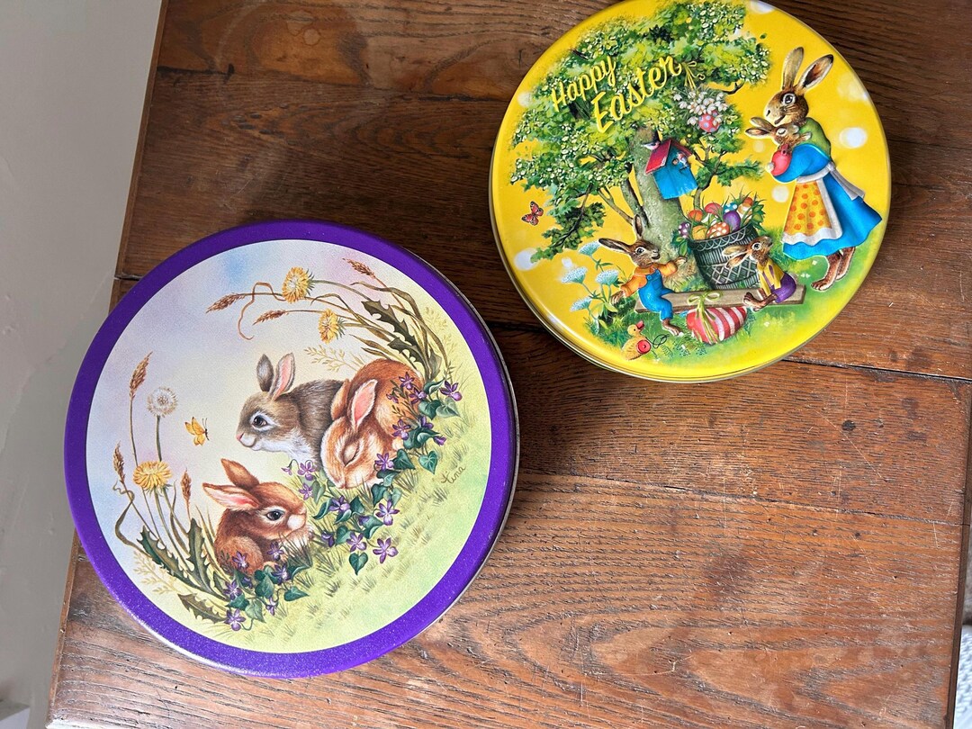 Vintage Round Happy Easter Bunny Garden Tins | Set of Two - Etsy