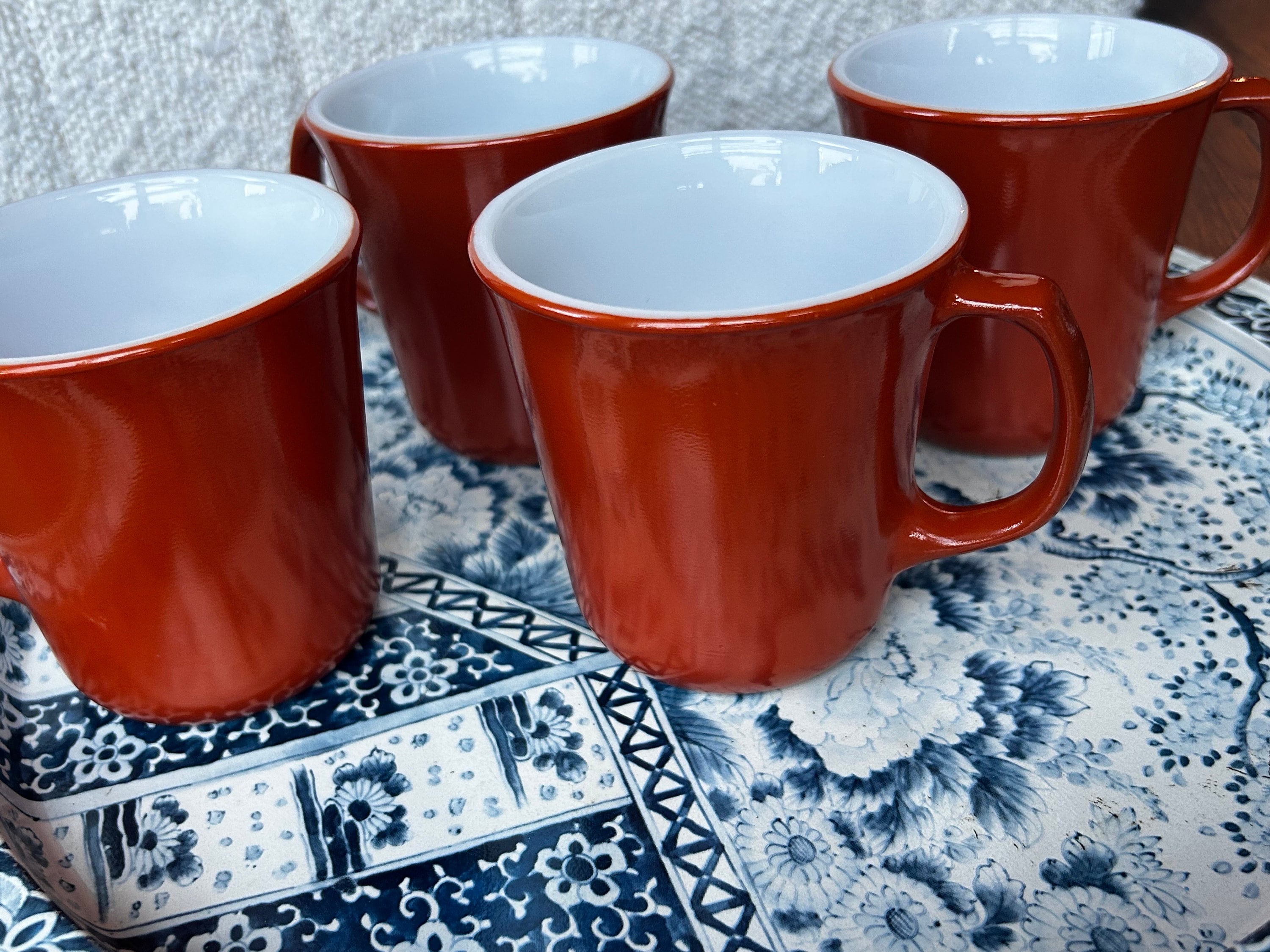Vintage Corning Burnt Orange Pyrex Milk Glass Mugs Set of 4 Coffee Cups ...