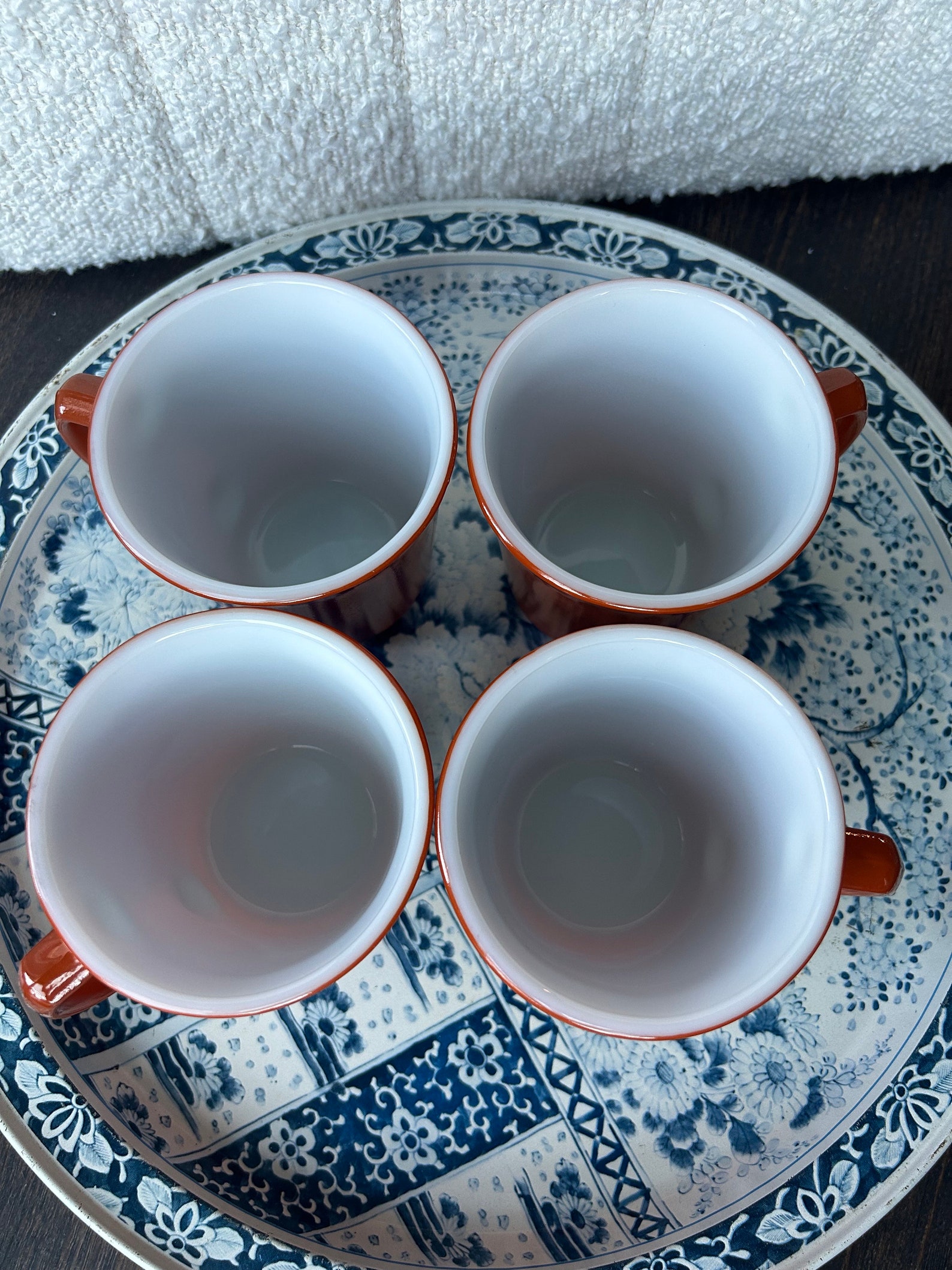 Vintage Corning Burnt Orange Pyrex Milk Glass Mugs Set of 4 Coffee Cups ...