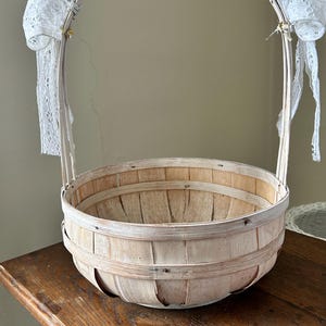 Vintage Midcentury Bushel Basket Whitewashed Wooden Easter Basket Handcrafted With Eyelit Ribbon ...