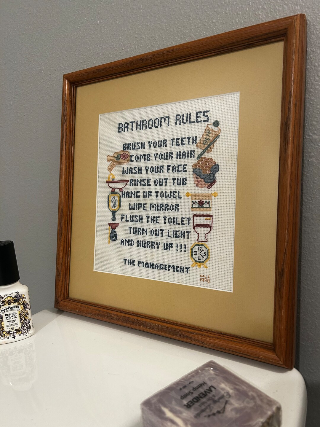 Vintage 90s Needlepoint ‘bathroom Rules’ Wooden Framed Wall Art - Etsy