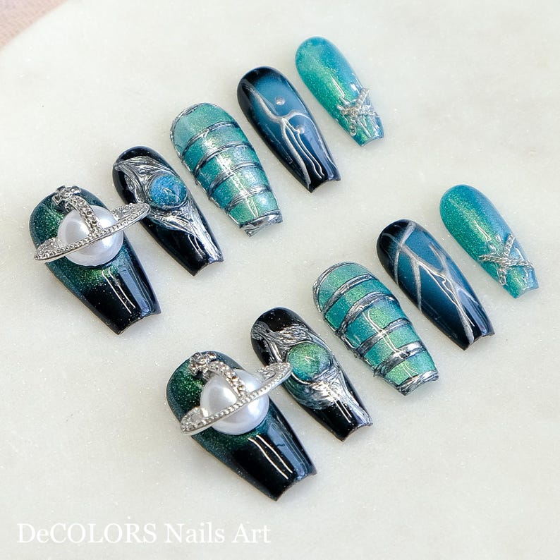 Galaxy Planet Press-on Nails | 3D Saturn Design | Green and Blue Chrome ...