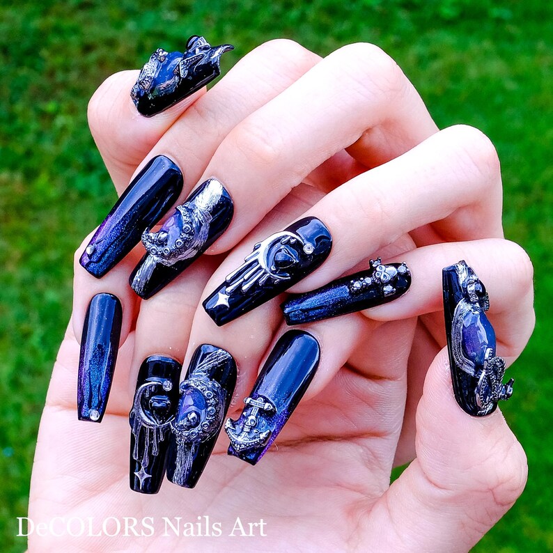 Glamorous Black Goth Press-on Nails With Purple Gem Accents/snake Skull ...
