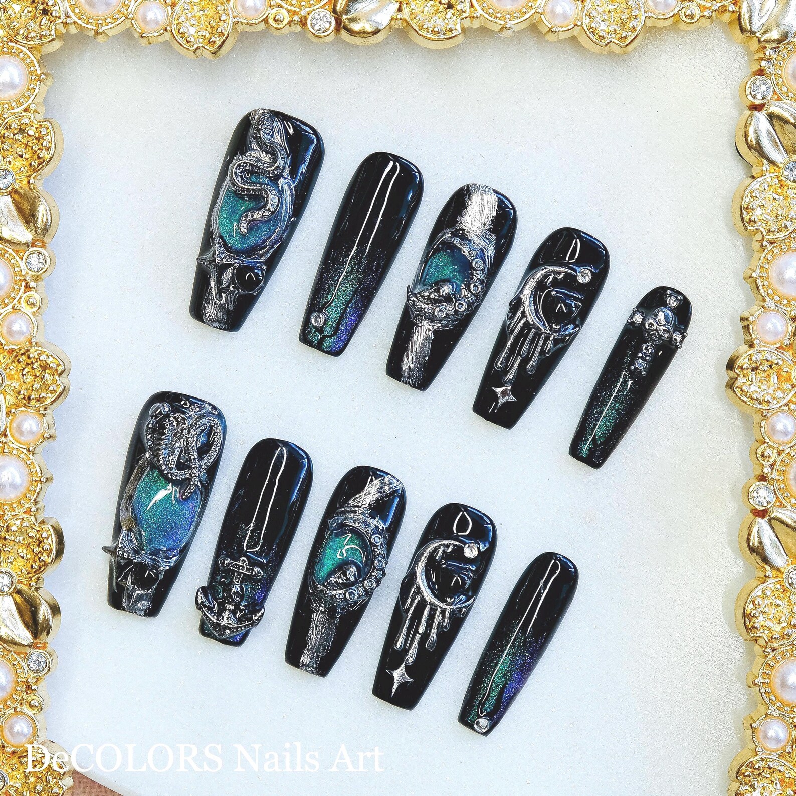 Glamorous Black Goth Press-on Nails With Purple Gem Accents/snake Skull ...