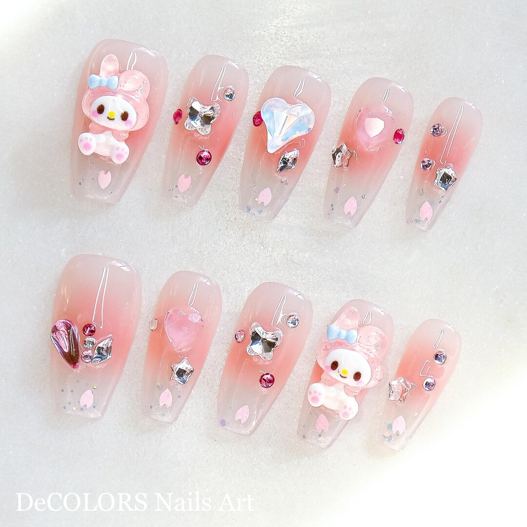 Kawaii Bunny Press on Nails: 3D Decoden Y2K Nail Art - Etsy