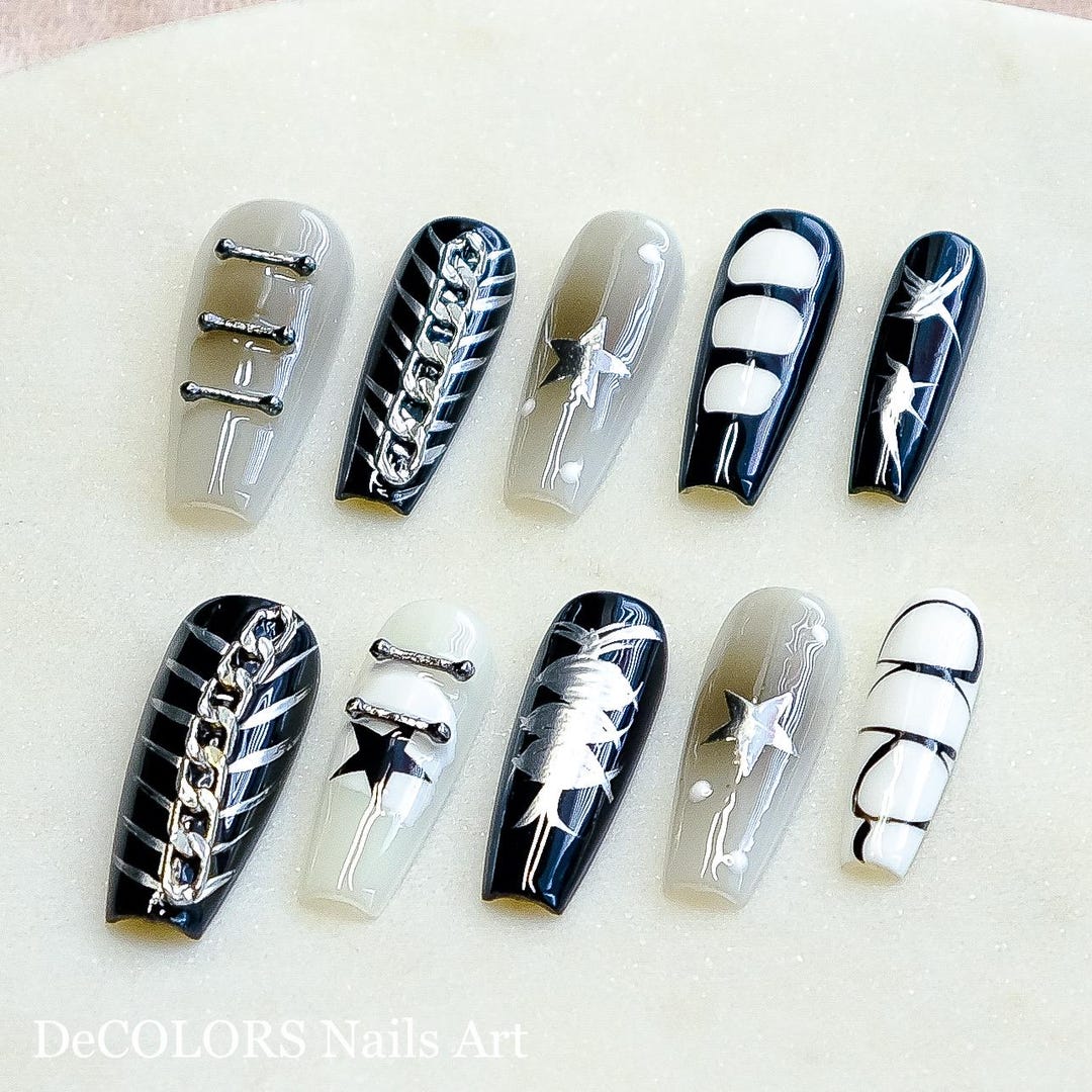 Black & White Chains Star Y2k Long Nails |nail Press on |nail Tips ...