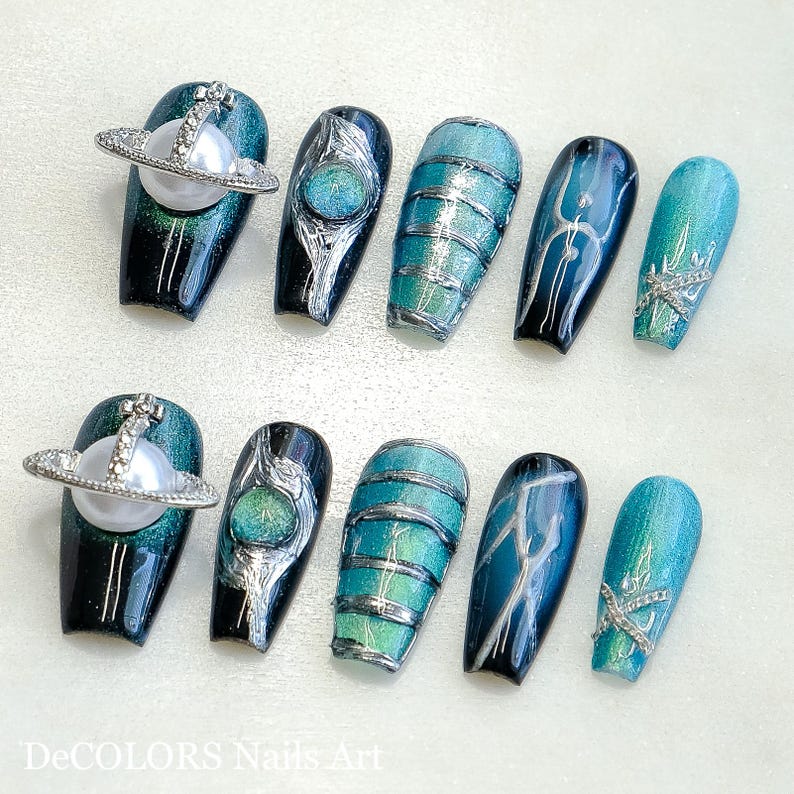 Galaxy Planet Press-on Nails | 3D Saturn Design | Green and Blue Chrome ...