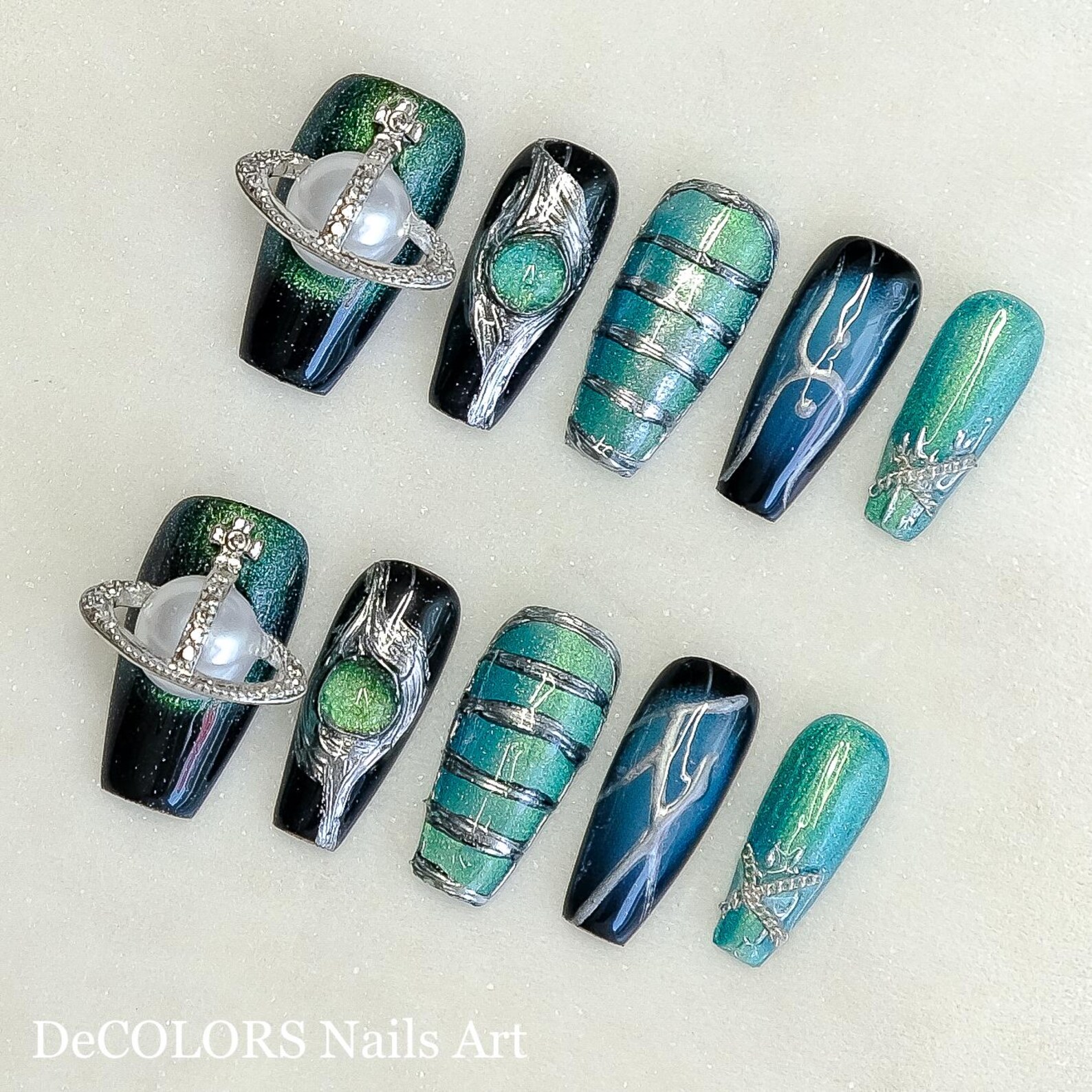 Galaxy Planet Press-on Nails | 3D Saturn Design | Green and Blue Chrome ...