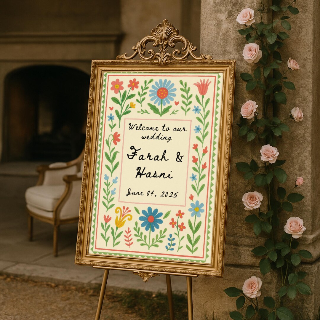 Whimsical Folk Art Wedding Welcome Sign, Hand Drawn Entrance Template ...