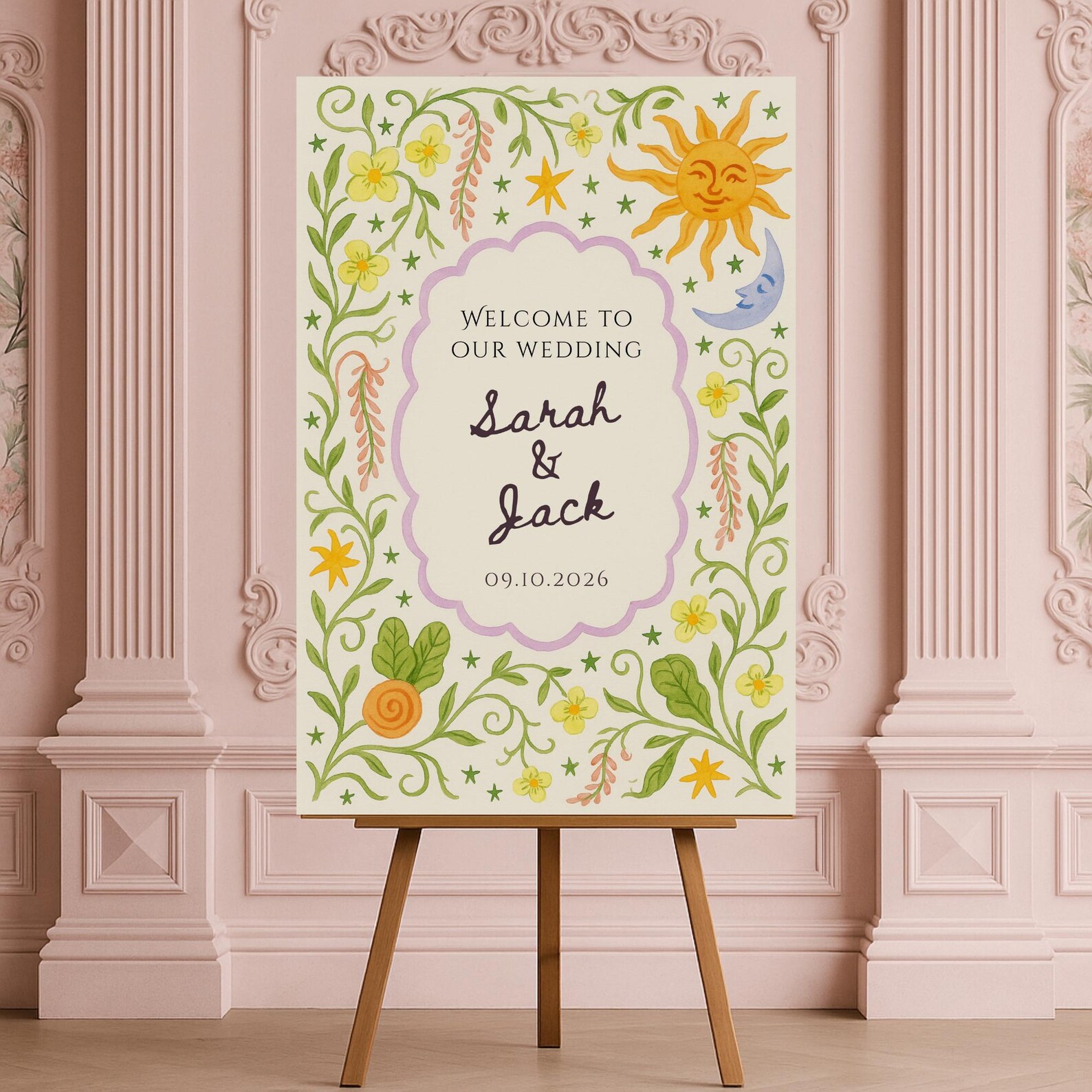 Whimsical Celestial Wedding Welcome Sign - Editable Canva Template, Sun ...