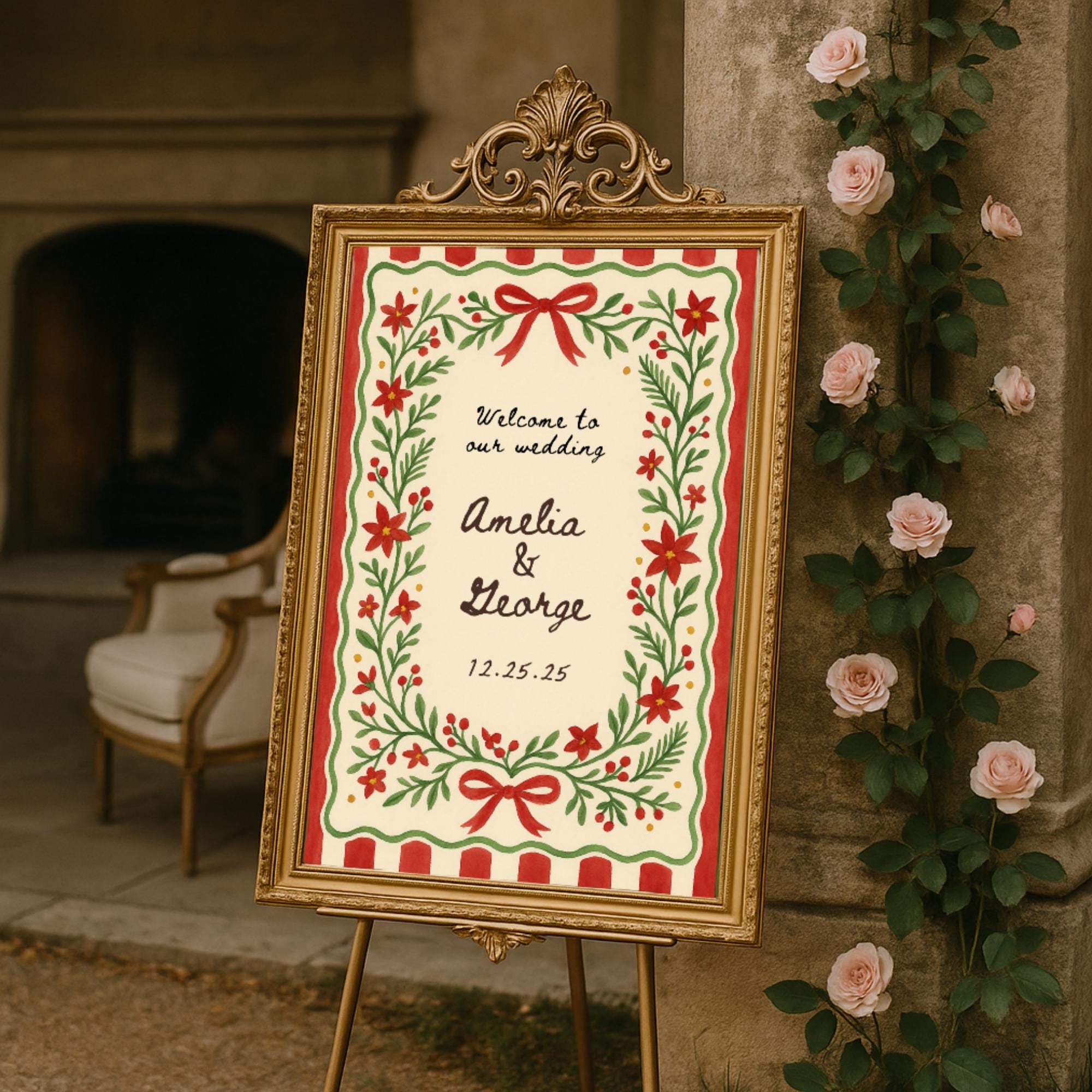 Christmas Wedding Welcome Sign, Whimsical Folk Floral Red and Green ...