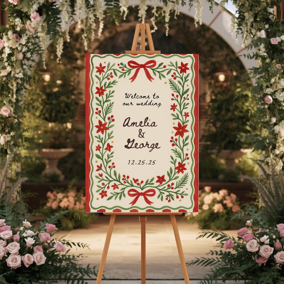 Christmas Wedding Welcome Sign, Whimsical Folk Floral Red and Green ...