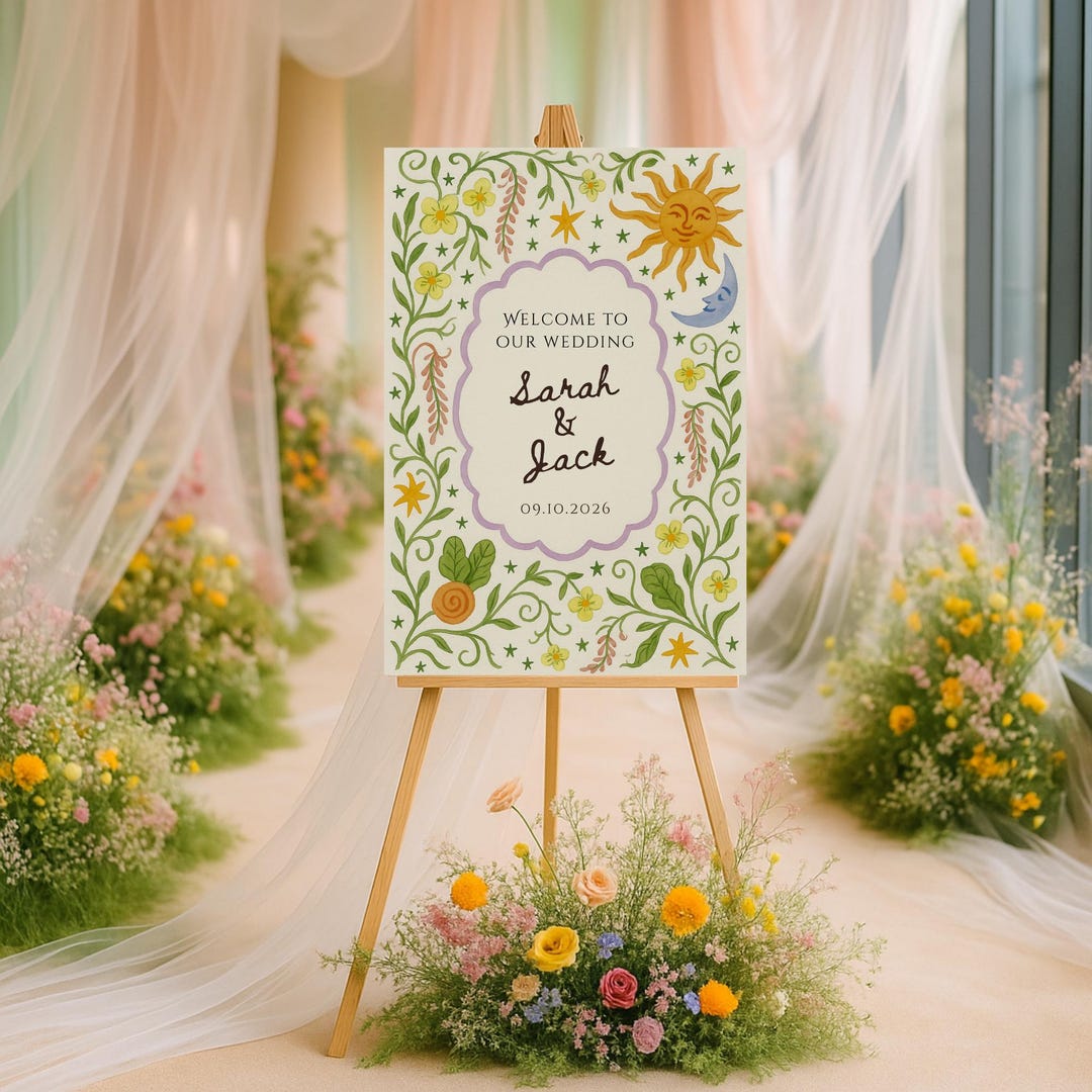 Whimsical Celestial Wedding Welcome Sign - Editable Canva Template, Sun ...
