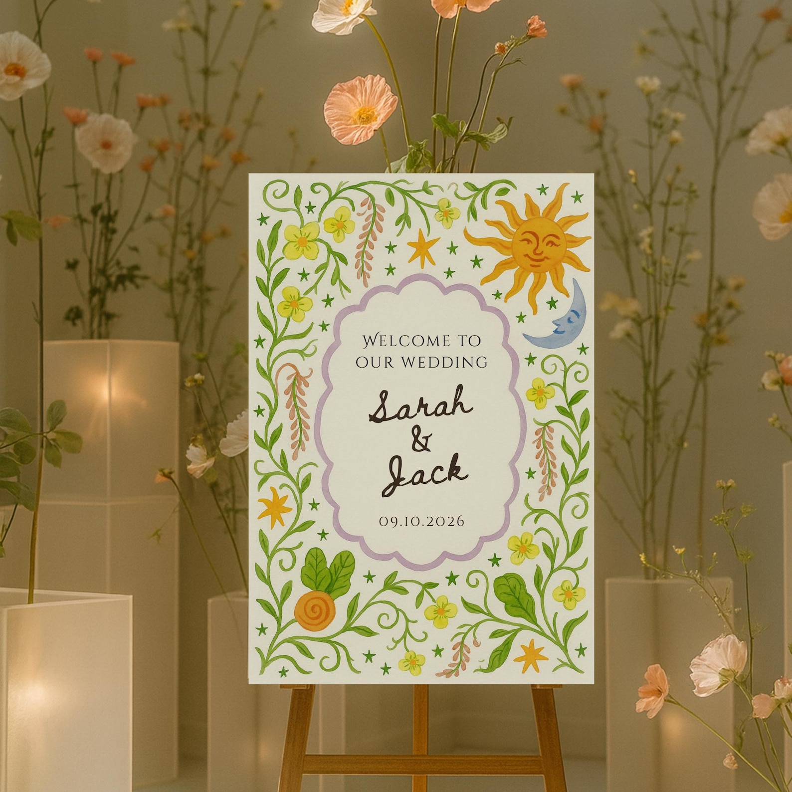 Whimsical Celestial Wedding Welcome Sign - Editable Canva Template, Sun ...