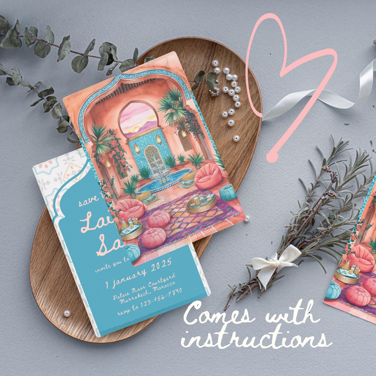 Moroccan Wedding Invitation Template • Whimsical Watercolor Riad Design ...