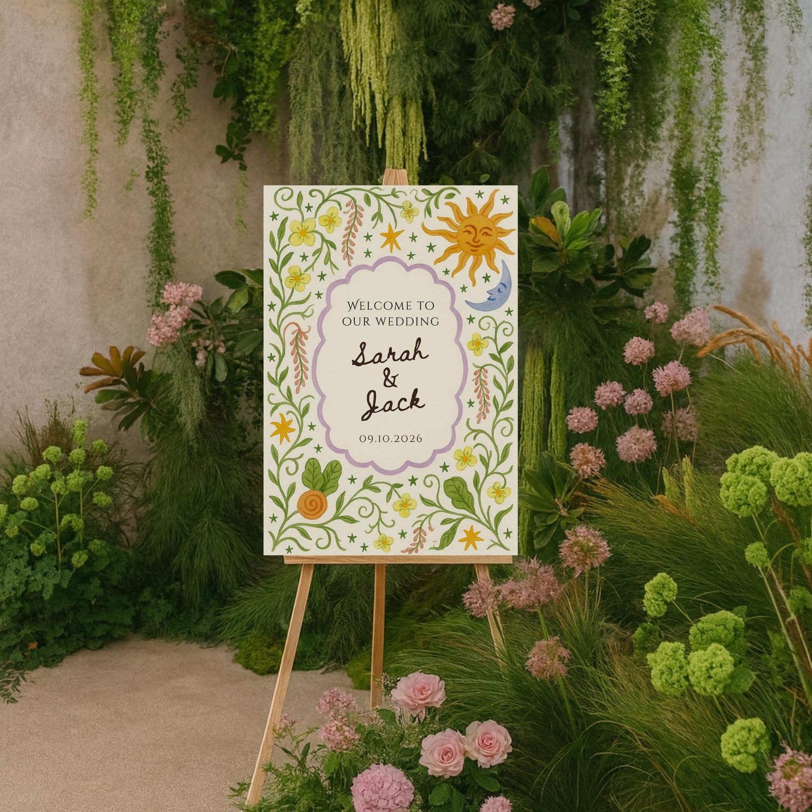 Whimsical Celestial Wedding Welcome Sign - Editable Canva Template, Sun ...