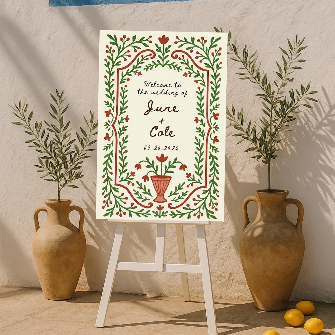 Whimsical Folk Floral Wedding Welcome Sign, Red and Green Rustic ...