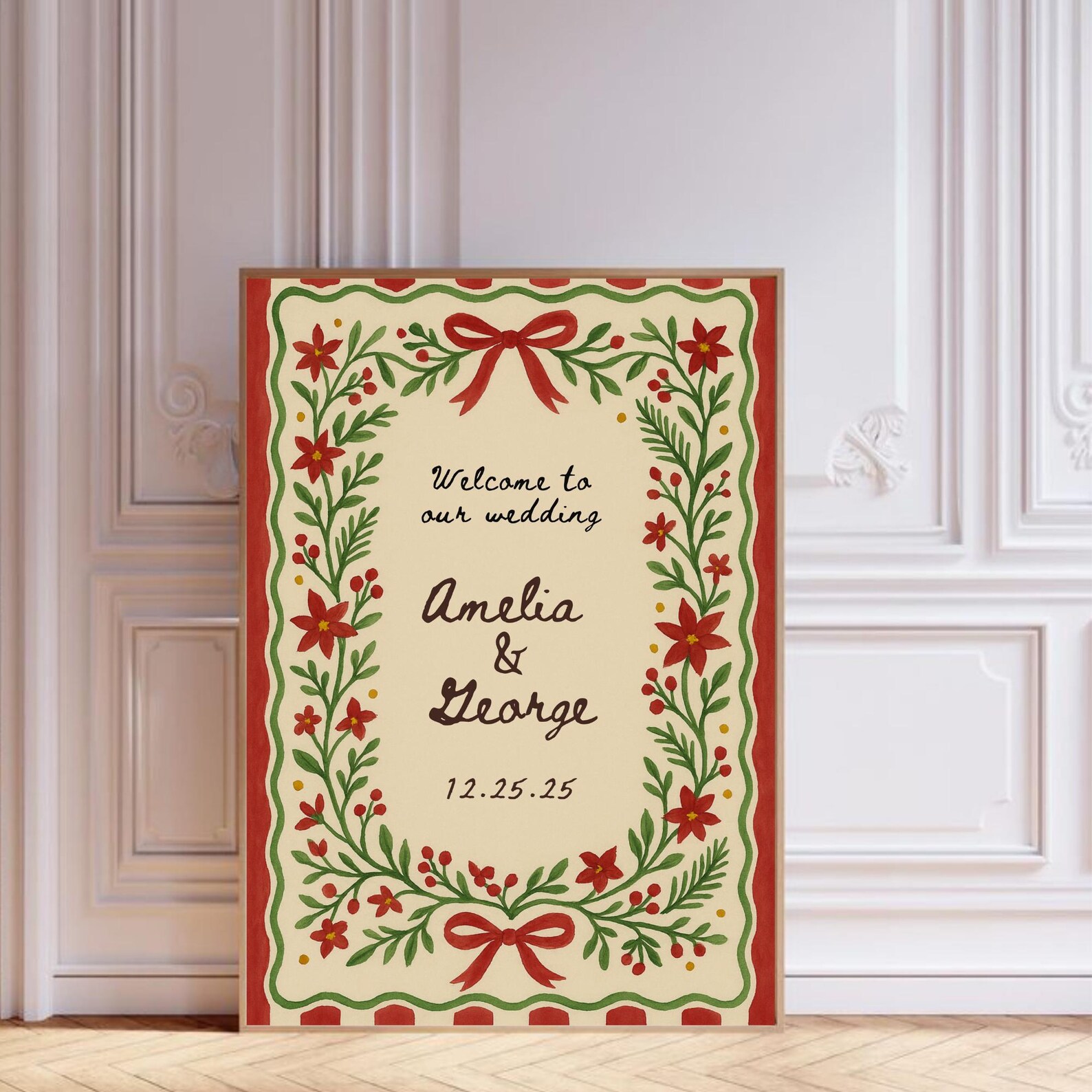 Christmas Wedding Welcome Sign, Whimsical Folk Floral Red and Green ...