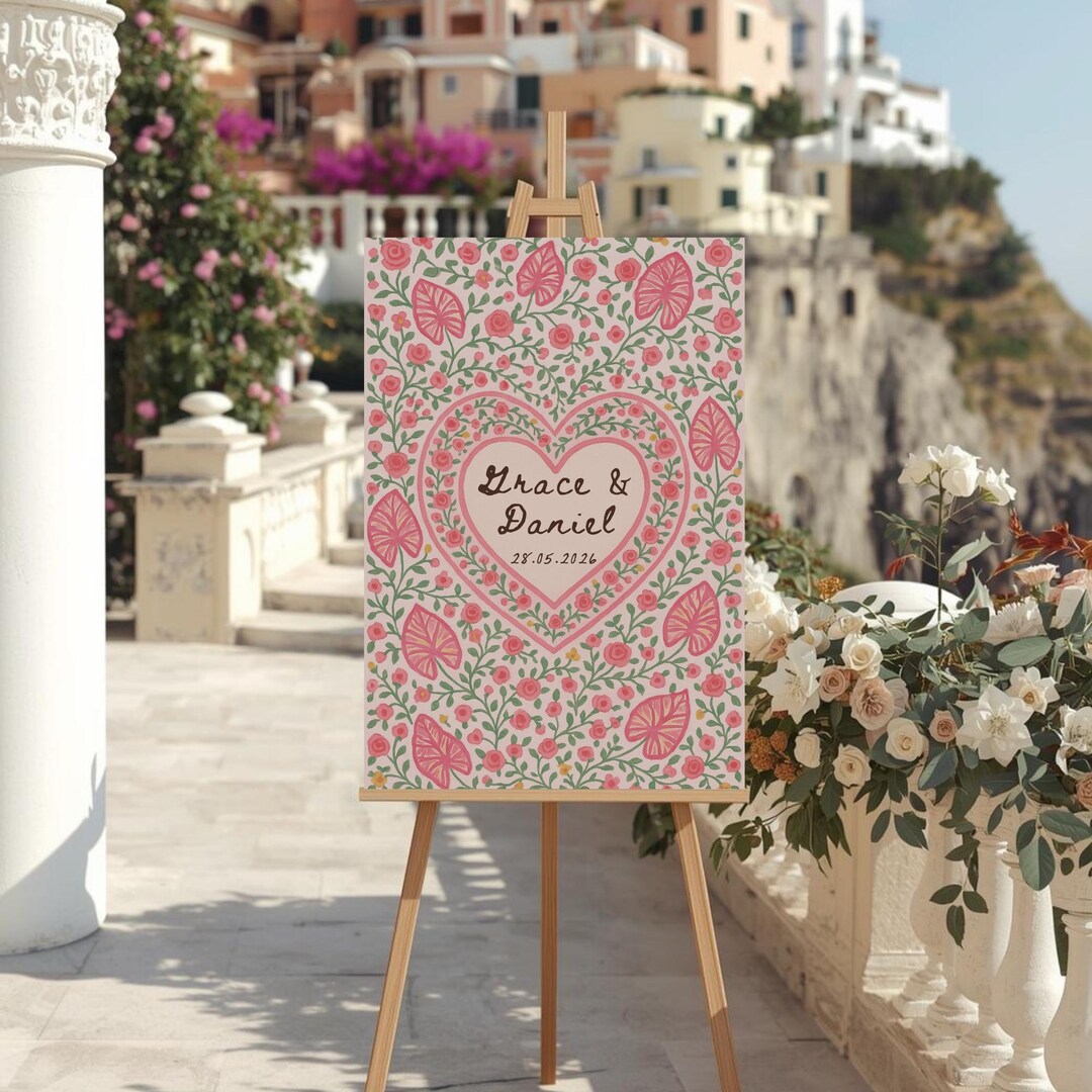 Hand-drawn Whimsical Floral Heart Wedding Sign | Pink Rose Wedding ...