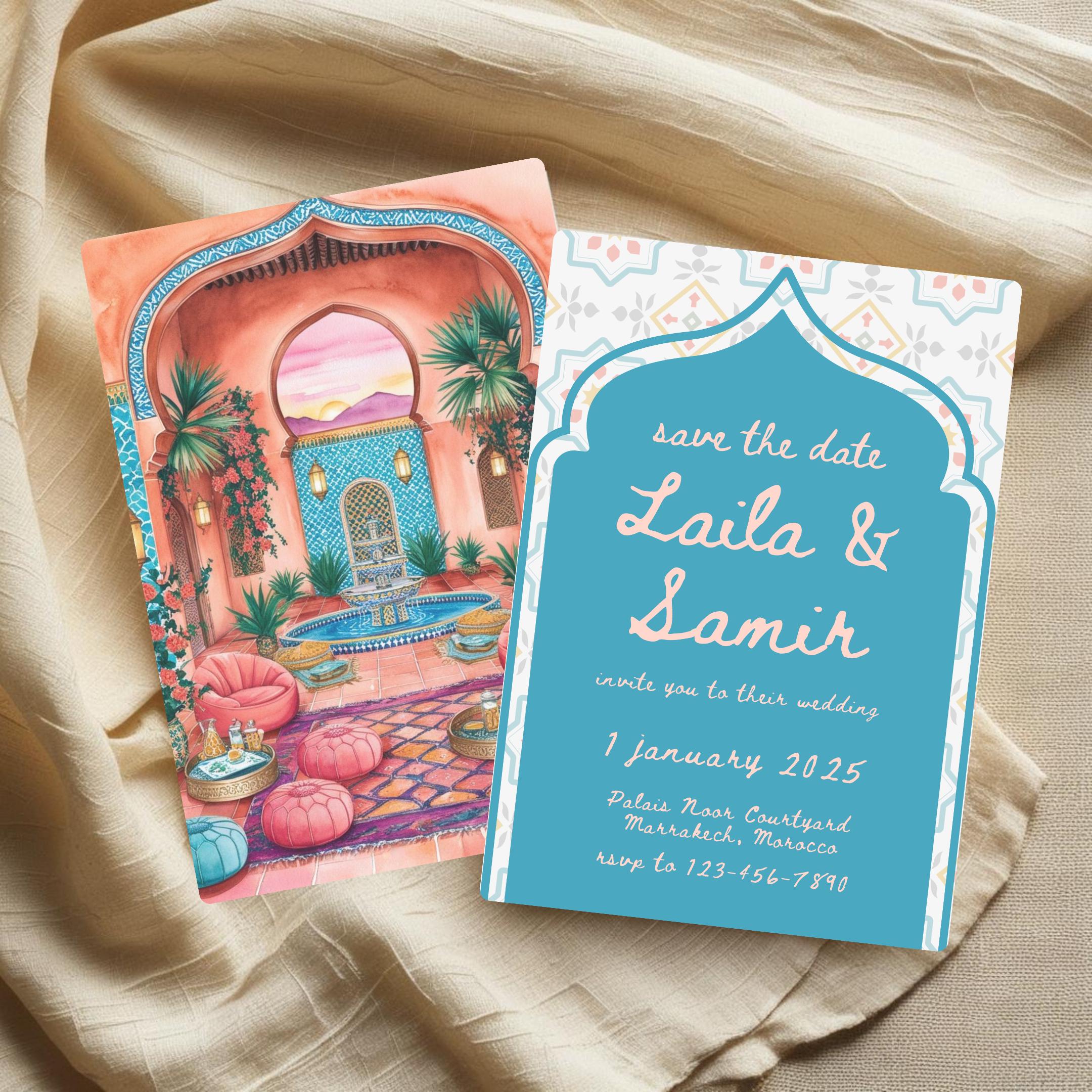 Moroccan Wedding Invitation Template • Whimsical Watercolor Riad Design ...