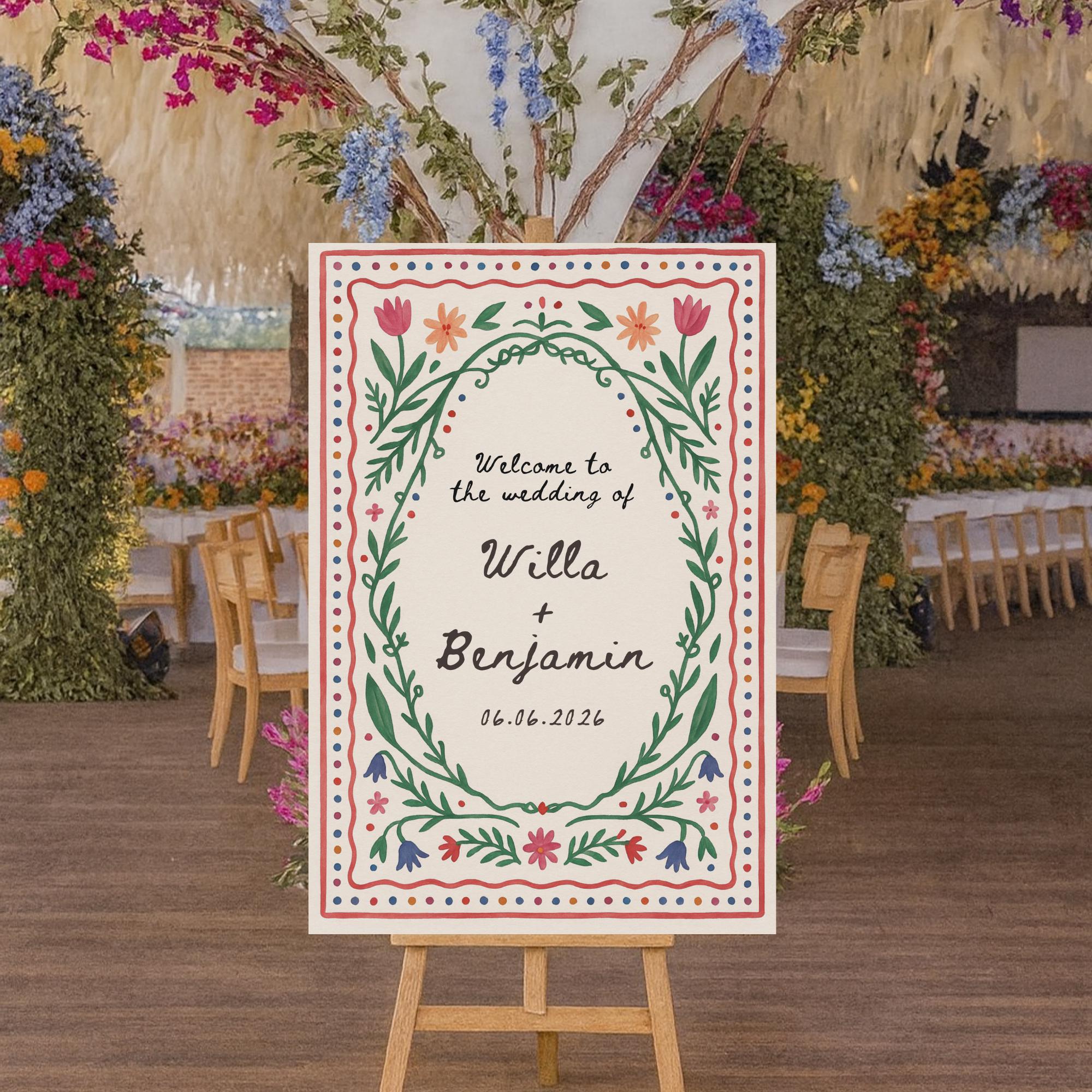 Whimsical Garden Wedding Entrance Sign, Folk Floral Welcome Sign ...