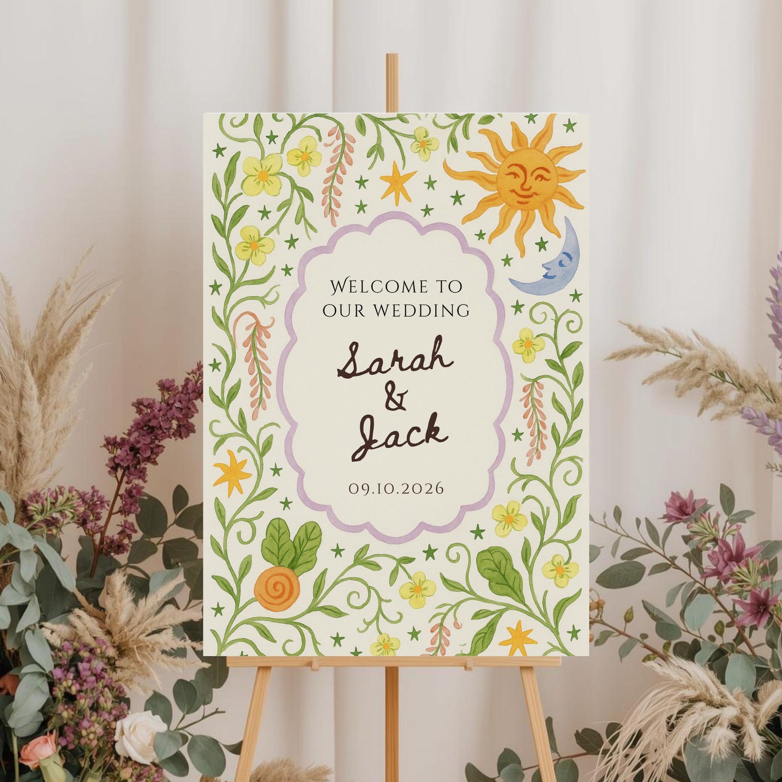 Whimsical Celestial Wedding Welcome Sign - Editable Canva Template, Sun ...