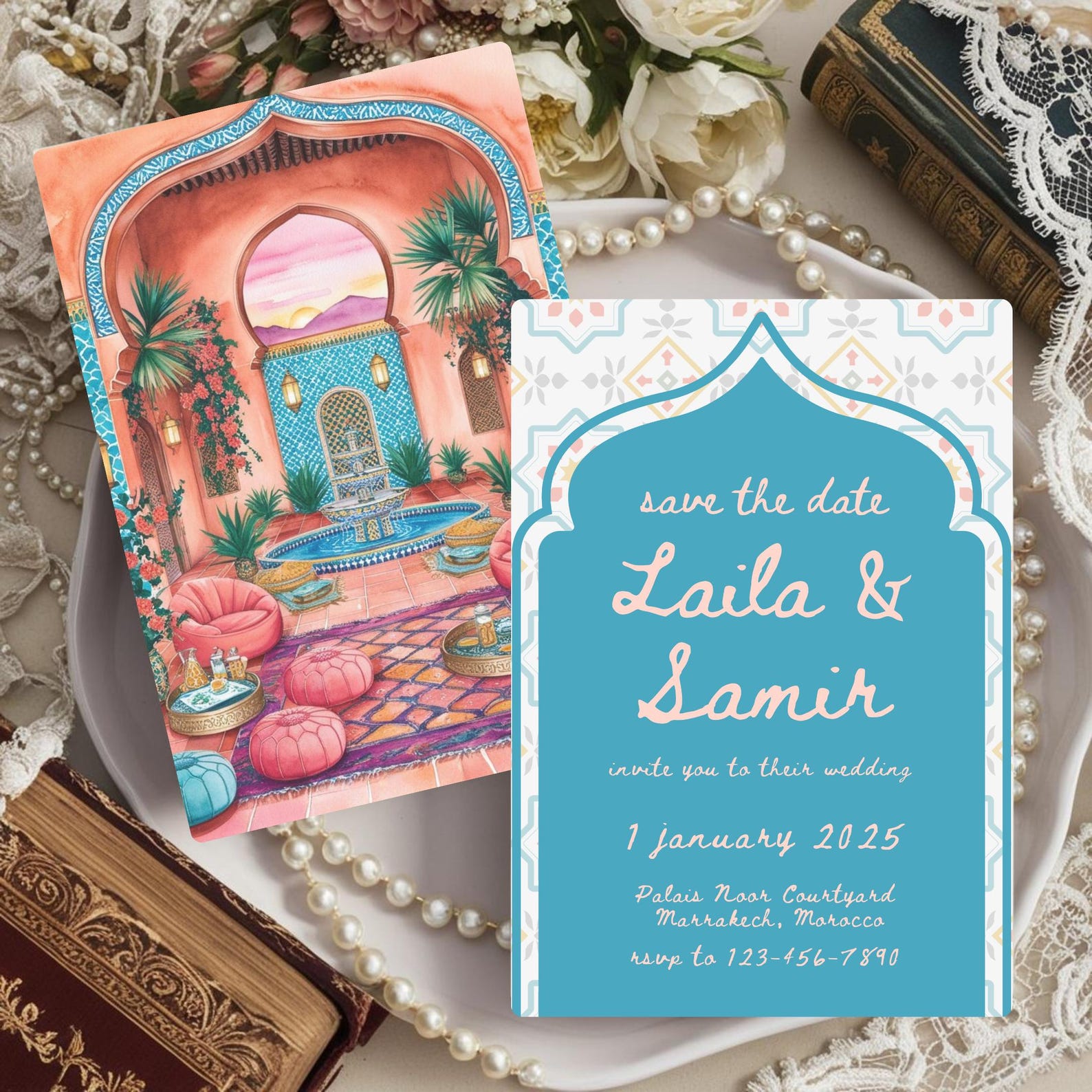 Moroccan Wedding Invitation Template • Whimsical Watercolor Riad Design ...