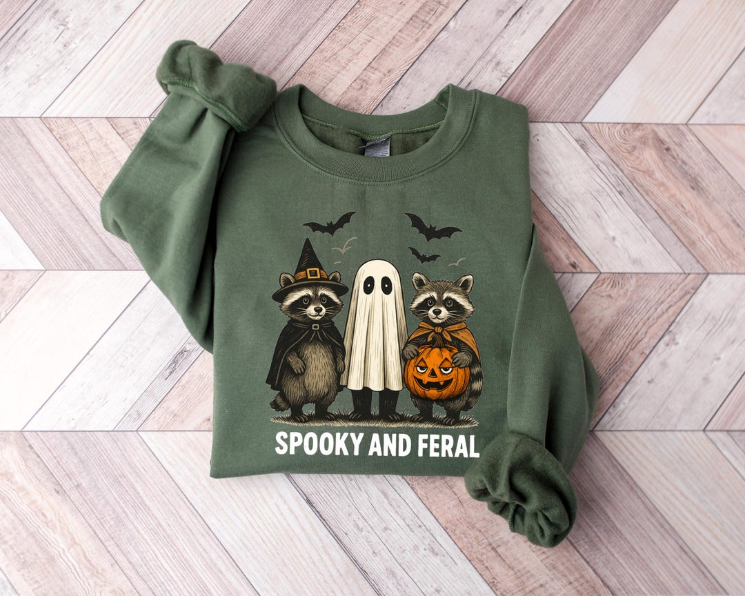 Trendy Spooky and Feral Raccoon Halloween Sweatshirt, Cute Raccoon ...